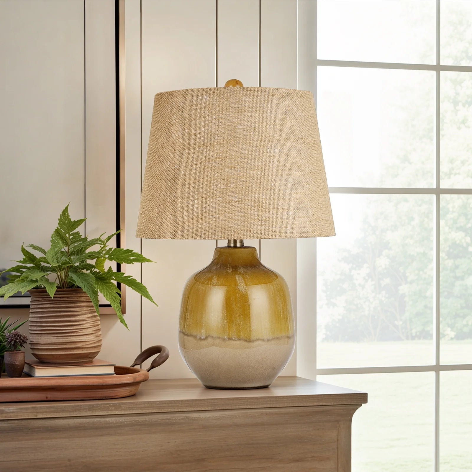 21'' Ceramic Table Lamps For Small Spaces, Woven Burlap Shade, E26 Soc ...