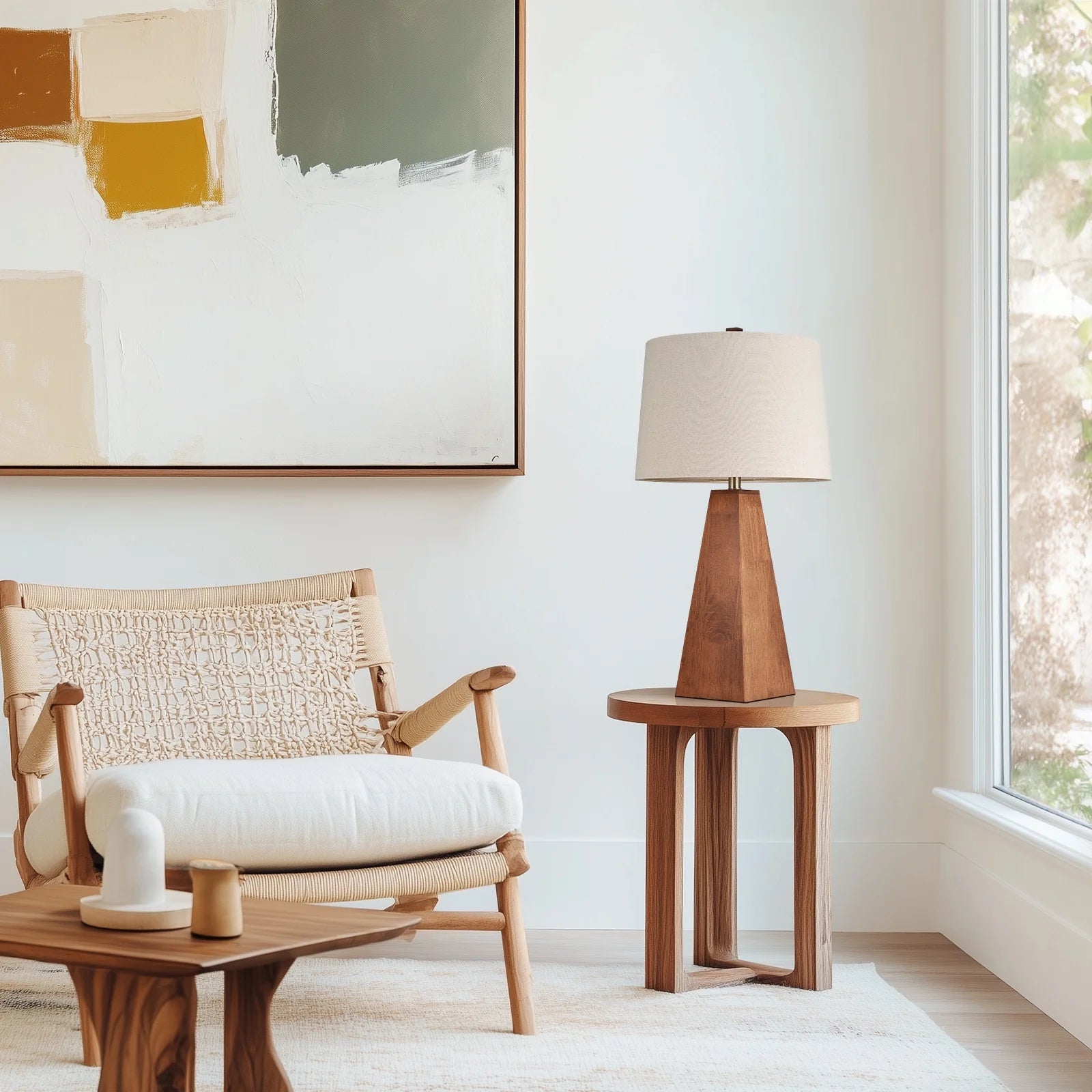 21'' Small Table Lamp With Beige Linen Shade, Mid Century Modern Walnu ...